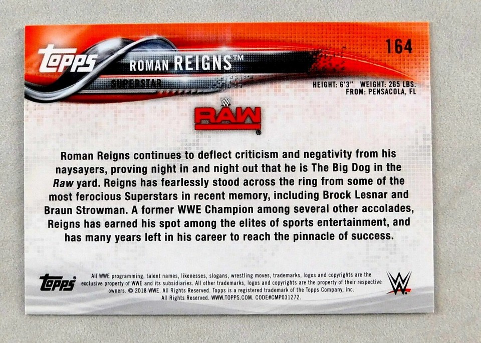 Roman Reigns WWE Topps Wrestling Trading Card WWF Raw Smackdown Gold ...
