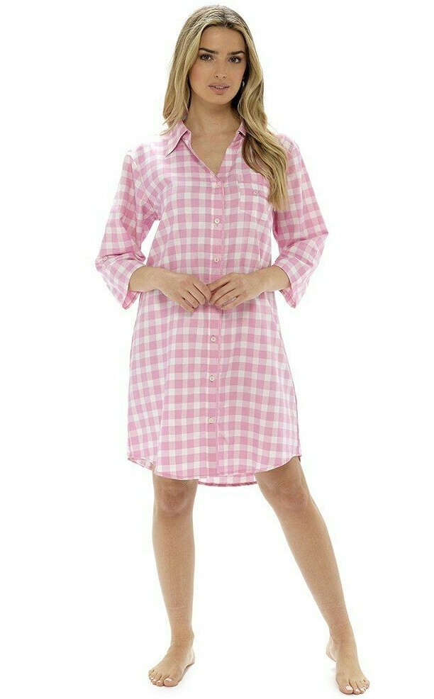 Womens Ladies Nightshirts Cotton Button Front Boyfriend Nightie Check ...