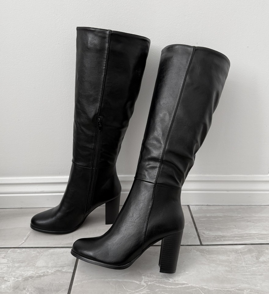 Ladies Black Faux Leather Knee High Boots Block Heel Stylish Long Shoes ...