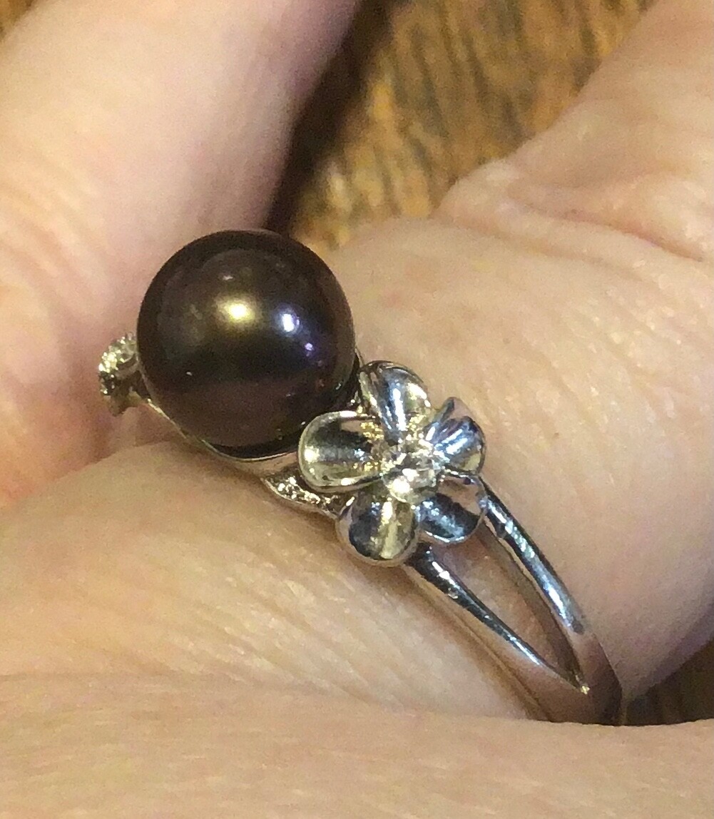 Black Tahitian Honora pearl floral ring size 8 | eBay