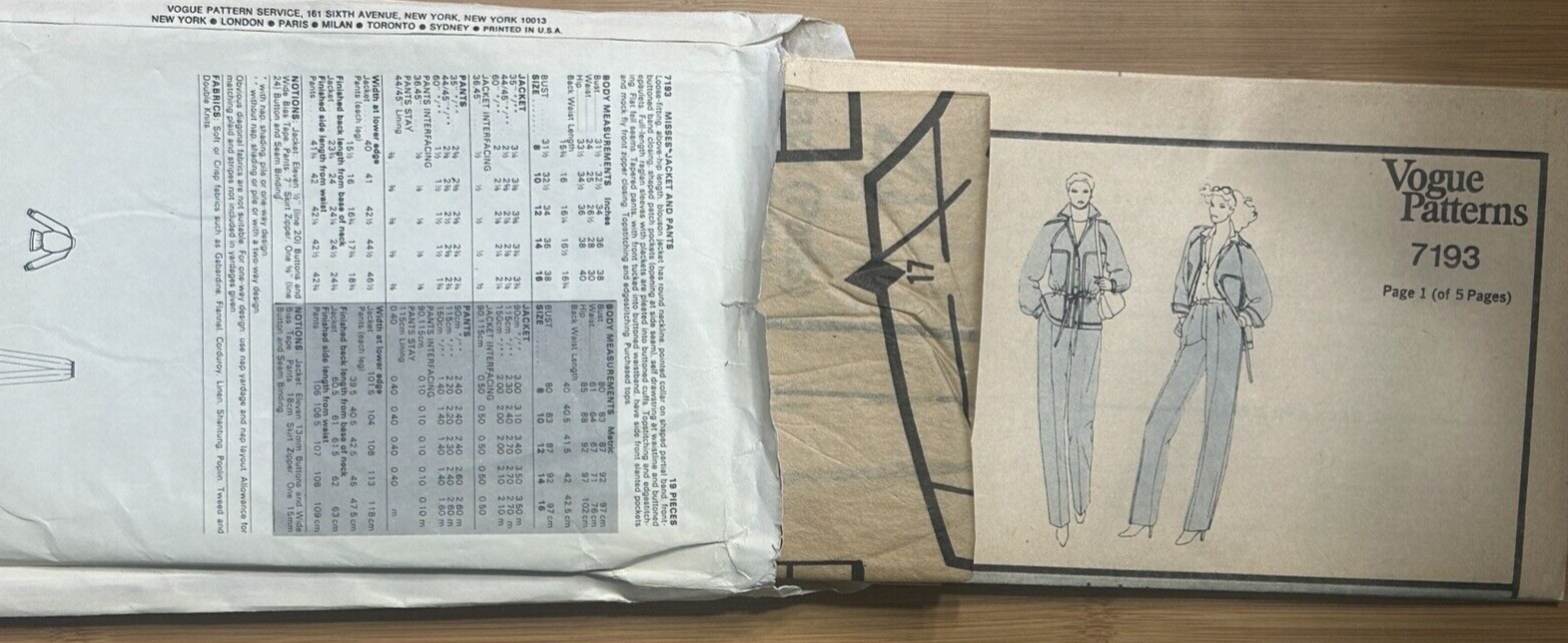 Blouson Jacket & Pants Suit Pattern Vogue 7193 1980's Size 10 Uncut FF ...