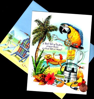 HTF BIRTHDAY Parrot Blender Hammock Beach Drinks - Humorous BLANK ...
