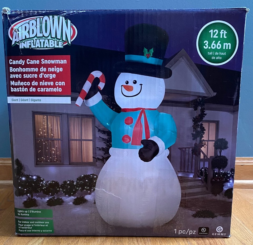 Gemmy Christmas 12ft Candy Cane Snowman Airblown Inflatable Light Up ...