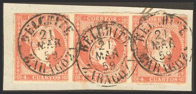 Aragón. Philately. Fragment 48(3). 1856. 4 Quarters Red, Strip Of Three ...
