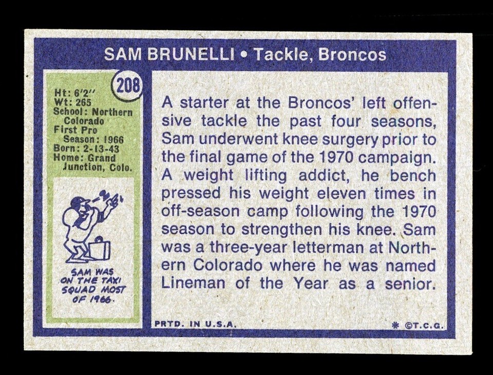 1972 Topps Football #208 SAM BRUNELLI DENVER BRONCOS - Vintage Card | eBay