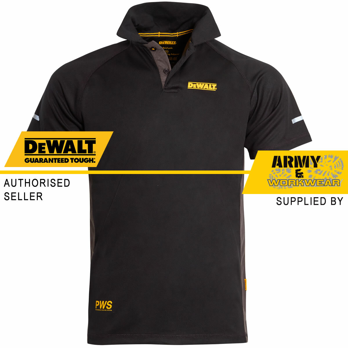 DeWalt Polo Work T-Shirt 2 Button Black Grey Fast-Drying Performance ...