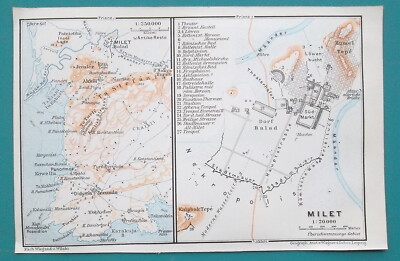 MILETUS Turkey City Plan & Environs - 1914 MAP Baedeker 4 x 6" (10 x 15 ...