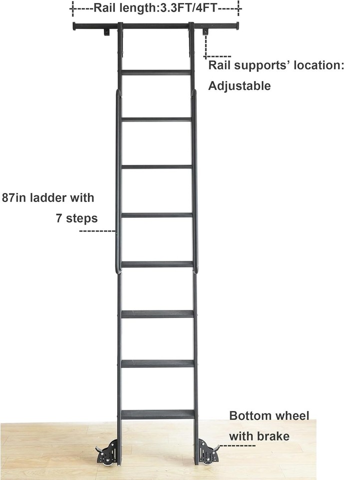 Hook On Rolling Library Ladder Track Kit with Metal Ladder with Grab ...
