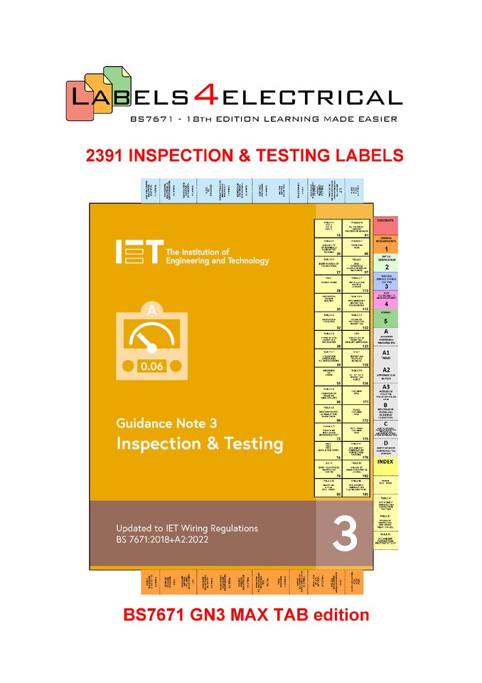 18th Edition ELECTRICAL PRECUT PAGE MARKERS TABS LABELS IET BS7671 ON ...