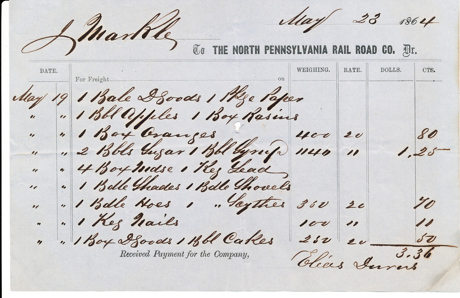 1864 BILL HEAD RECEIPT - THE NORTH PENNSYLVANIA RAIL ROAD CO. - JACOB ...