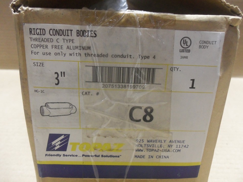 NEW TOPAZ C8 3" RIGID CONDUIT BODY THREADED C TYPE ALUMINUM COPPER FREE ...