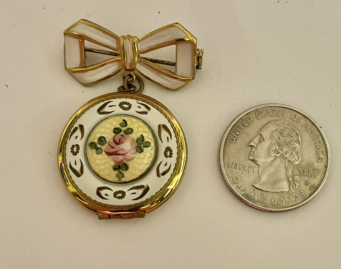 Vintage Retro Era Gold Bow with Round Guilloche Pink Rose Locket Pin ...