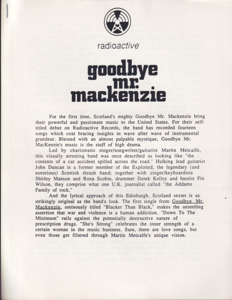 goodbye mr. Mackenzie press kit for s/t album Shirley Manson 1991 | eBay