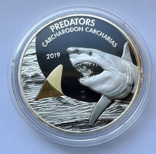 2019 Congo 1 Oz Silver Coin Great White Shark Gilded Prehistoric Animal ...