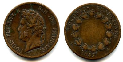Scarce large colonial 5 cents, dated 1843, Louis Phulippe (1830-1848 ...