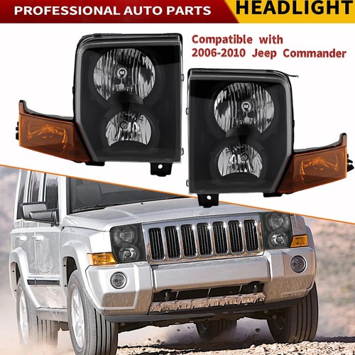 For 06-10 Jeep Commander Headlight Lamps Assembly Pair Black Housing ...