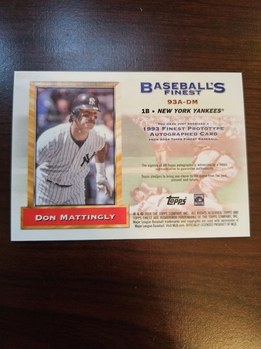 2024 Topps Finest Don Mattingly Baseball's Finest Orange Auto /25 93a ...