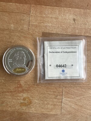 John Hancock Declaration Independence Silver Plated Proof Coin COA ...