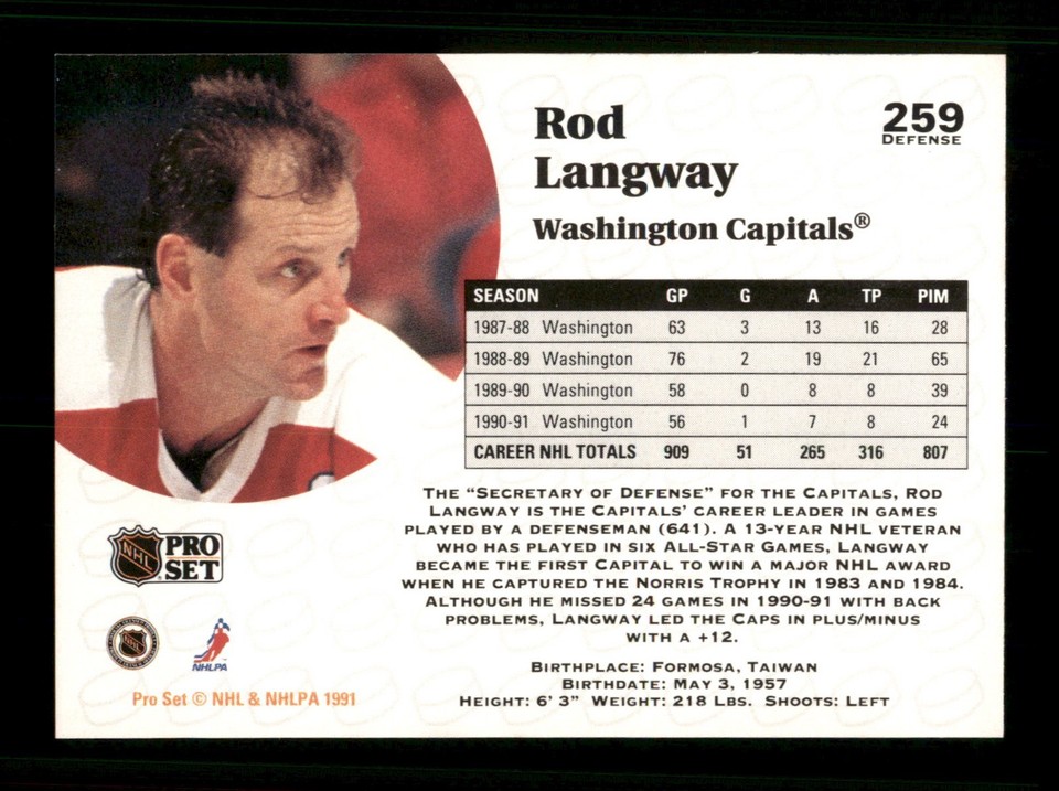 259 Rod Langway 5 Capitals 1991 Proset Hockey Sports Trading Card | eBay