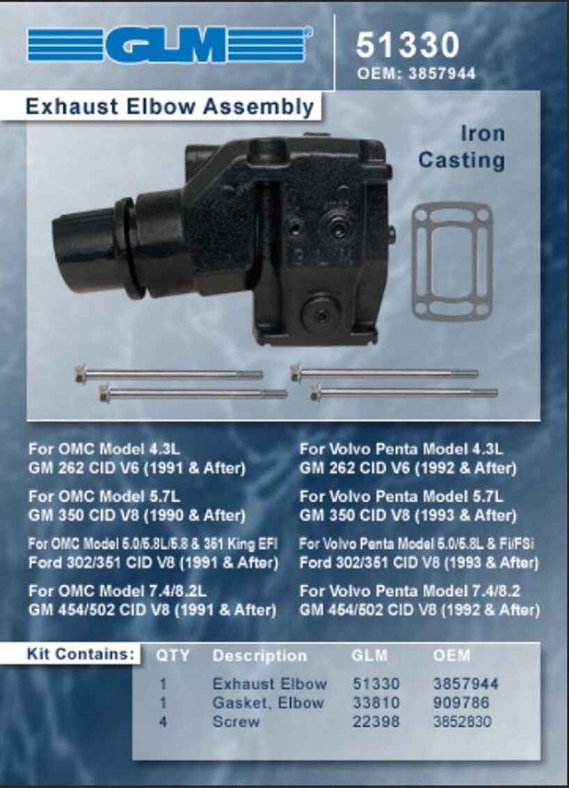 GLM Volvo Penta Exhaust Riser Elbow OMC 4.3 5.0 5.7 5.8 L 305 350 v6 v8 ...