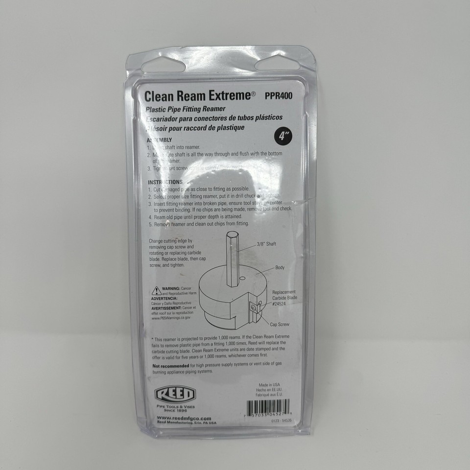 Reed Mfg 04527 PPR400 4" Clean Ream Extreme Plastic Pipe Fitting Reamer ...