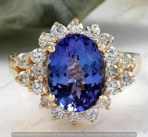 3 Ct Oval Cut Lab-Created Tanzanite Halo Engagement Ring 14K Yellow ...