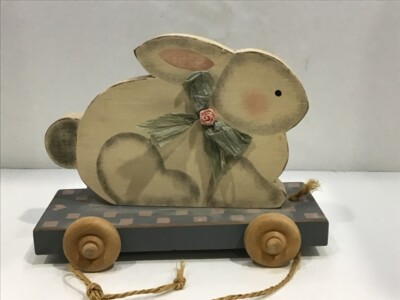 Wooden Rabbit Pull Toy on Checkered Wagon with Wheels | eBay
