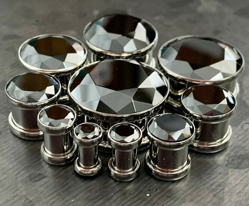 PAIR Large Black Gem Screw Fit Tunnel Plugs Gauges Pierced Body Jewelry ...