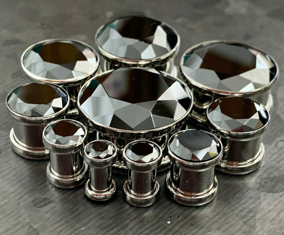 PAIR Large Black Gem Screw Fit Tunnel Plugs Gauges Pierced Body Jewelry ...