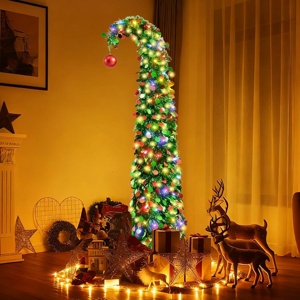 5 Ft Grinch Pop-Up Christmas Tree with 50 LED Lights and Red Ball Top ...