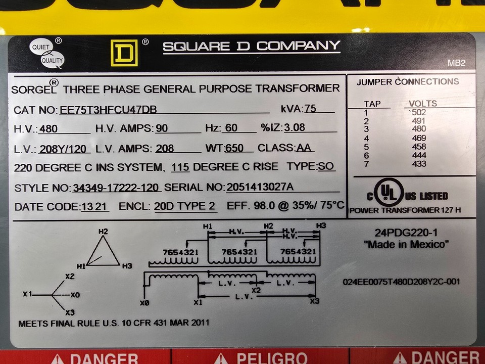 75 KVA SQUARE D Dry Transformer 480 Delta 208Y 120 EE75T3HCU47DB USED ...