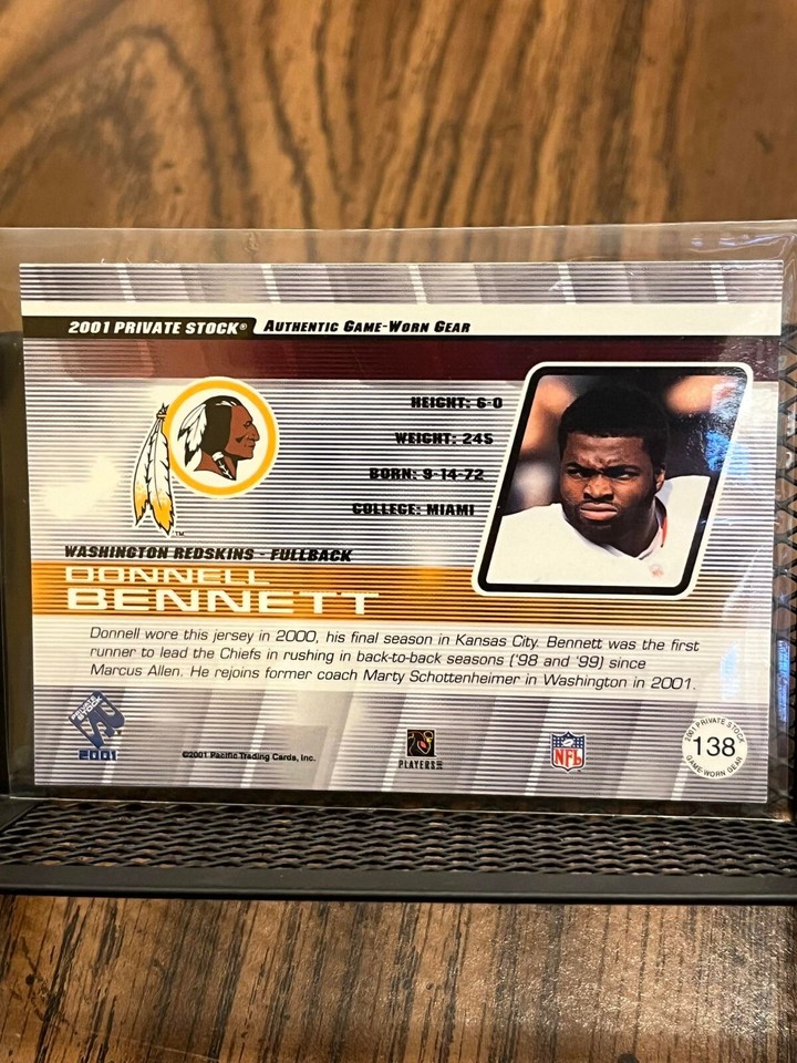 DONNELL BENNETT 2001 PACIFIC PRIVATE STOCK CHIEFS JERSEY PATCH RELIC ...