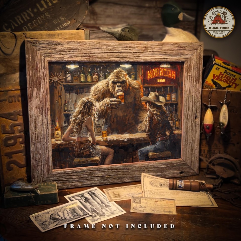 Vintage Sasquatch Bigfoot Art Print Deer Hunting Artwork Cabin Whiskey ...