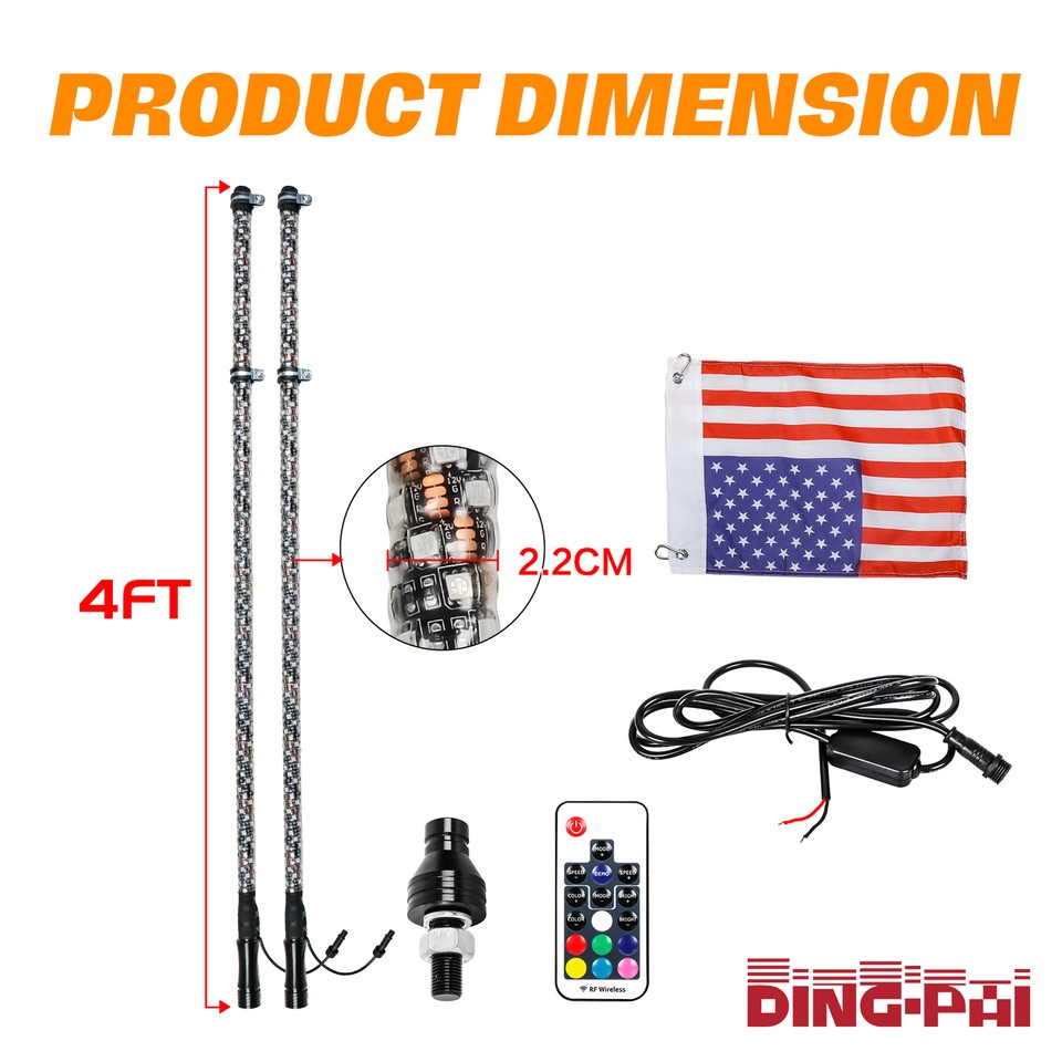 2X 4ft Lighted Spiral LED Whip Antenna w/Flag + 4 Pods RGB Rock Lights ...