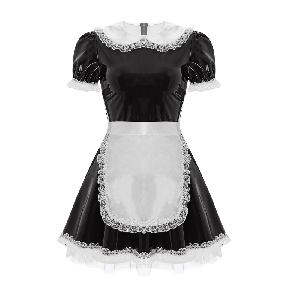 TiaoBug Womens PVC Leather French Maid Cosplay Costume Mini Dress AU ...