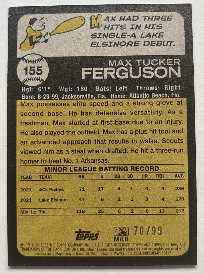 MAX FERGUSON RC 2022 TOPPS HERITAGE MINOR LEAGUE #155 RED SOX ROOKIE ...