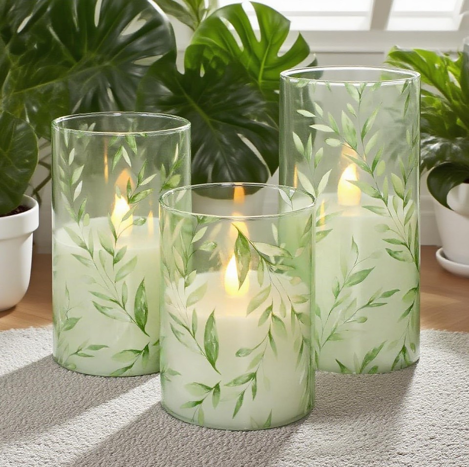 Green Flameless Candles with Remote Willow Leaf Design Battery Operated ...