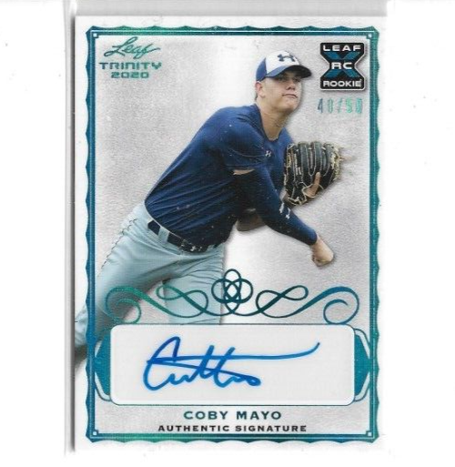COBY MAYO 2020 LEAF TRINITY RC AUTO PLATINUM #D 40/50 SP ORIOLES ...