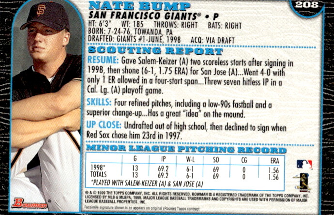 1999 Bowman Nate Bump 208 RC San Francisco Giants | eBay