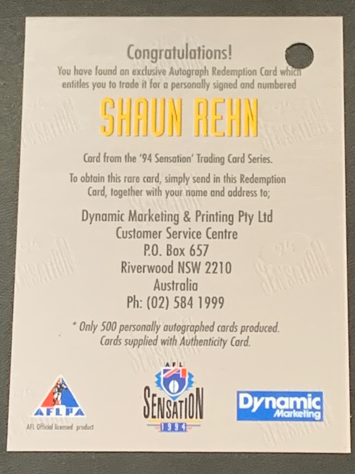 1994 Dynamic AFL Sensation MVP Acetate Signature Card CC5 Shaun Rehn ...