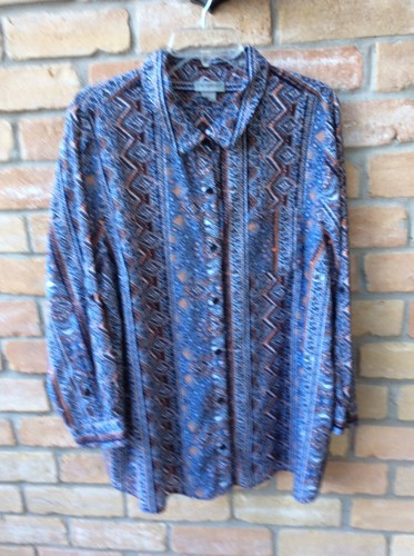 Catherine's Boho Print Button Shirt Womens Plus Sz 1X Collar Roll Tab ...