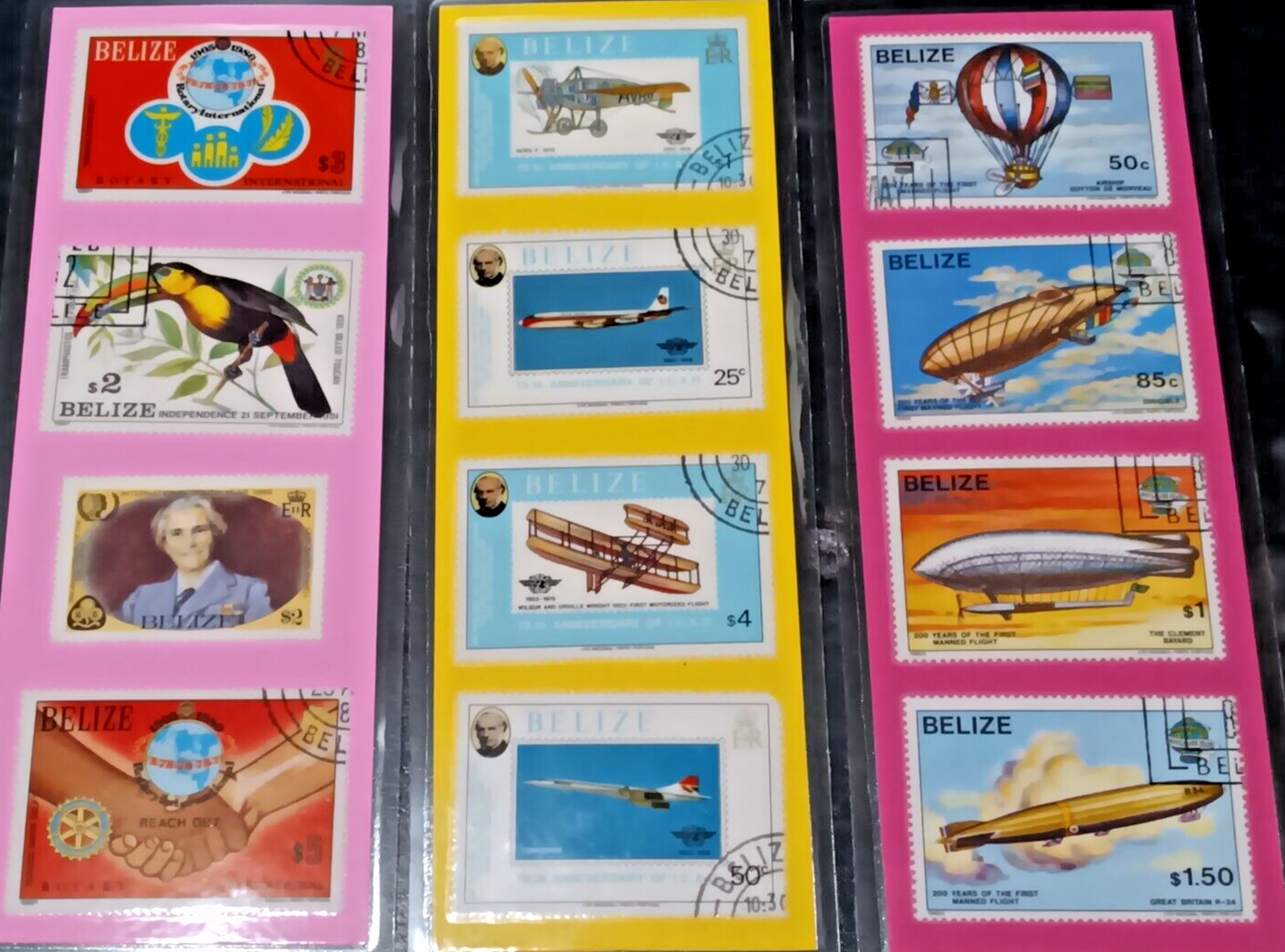 3 BOOKMARKS ~ BELIZE ~ LAMINATED ~ POSTAGE STAMPS ~BIRDS,AIR BALLOON ...