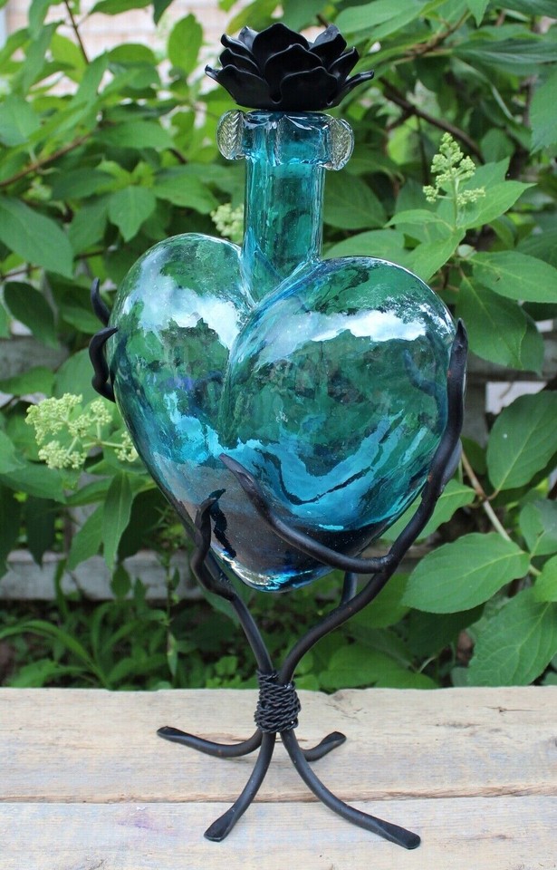 Lg Turquoise Glass Heart Handblown Hand wrought Stand Decanter Mexican ...