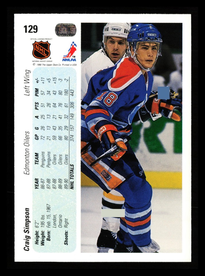 Craig Simpson 1990-91 Upper Deck Hockey NHL #129a Edmonton Oilers | eBay