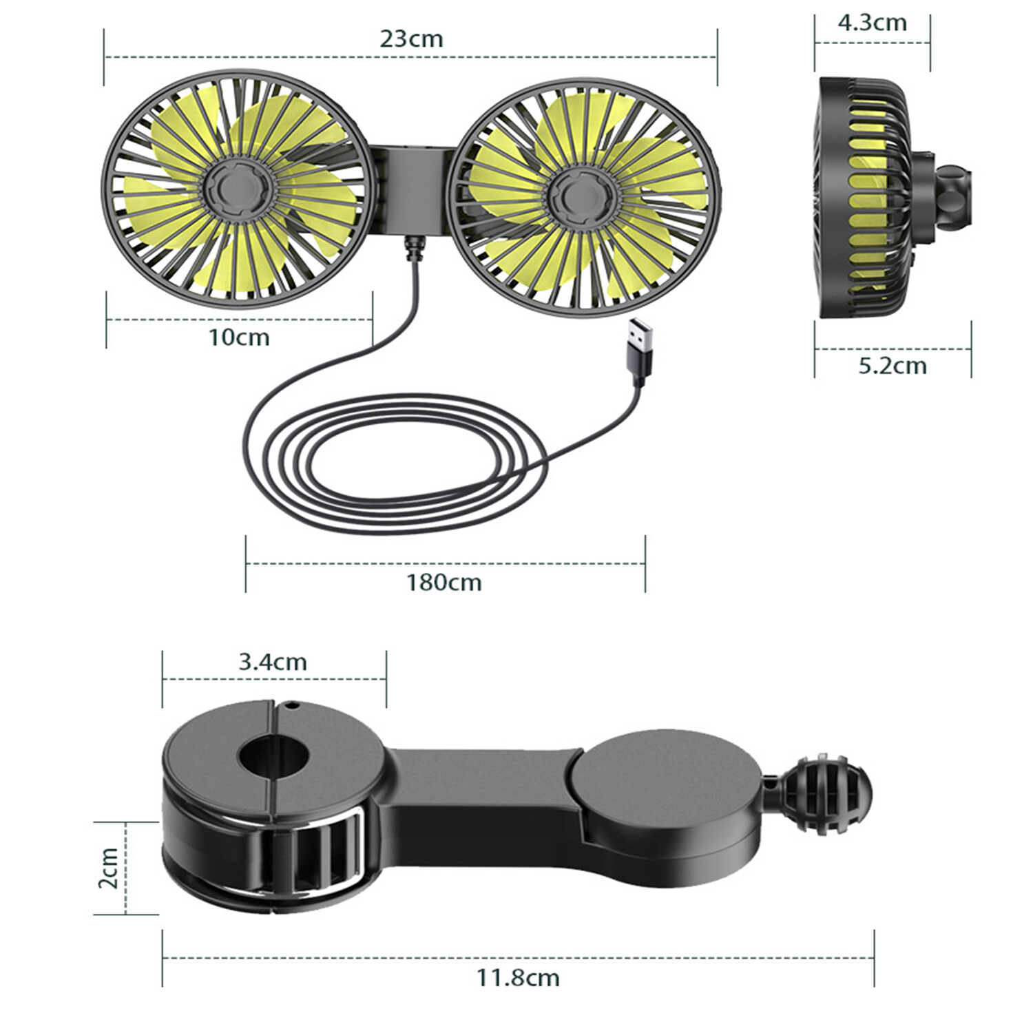 360° Rotatable USB Cooling Car Fan Dual Head Powerful Rear Seat ...