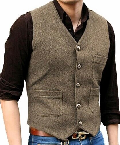 Mens Tweed Vest Wool Herringbone Western Cowboy Formal Casual Vests ...