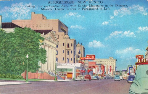 Postcard Central Avenue Sandia Mountains Masonic Temple Old Cars ...