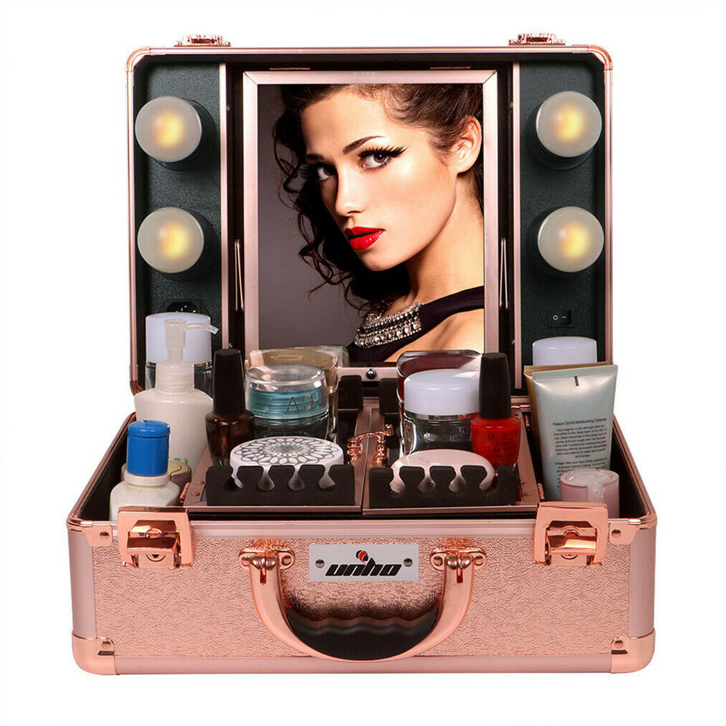 Lockable Makeup Case LED Lighted Table Desk Vanity Mirror 2-Tier Tray ...