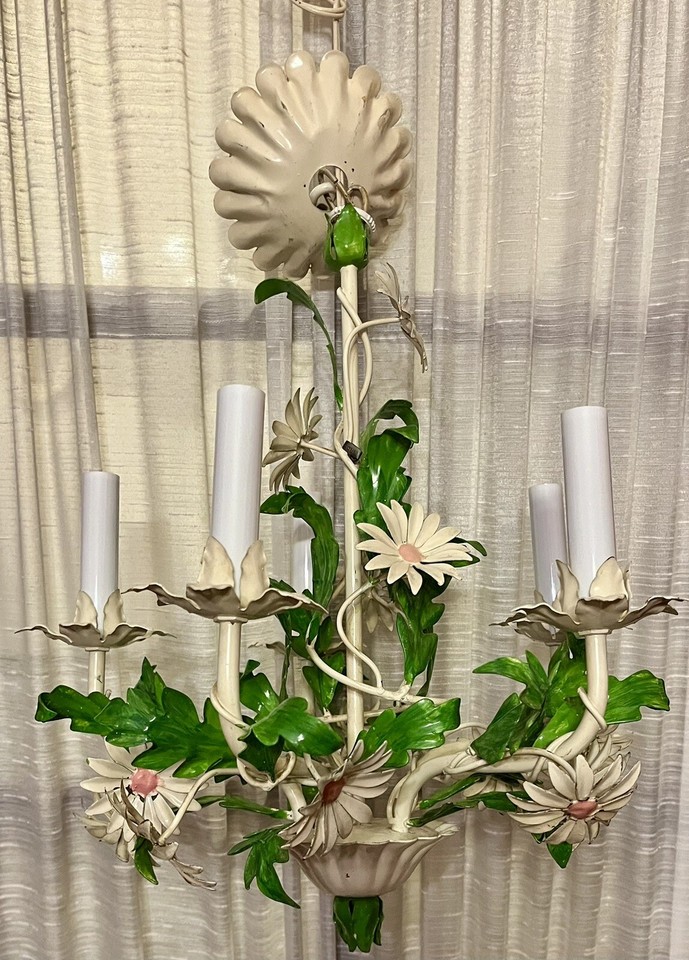 Vintage TOLE Metal Daisy Flower Light FIXTURE Chandelier 5 Arms 14 ...