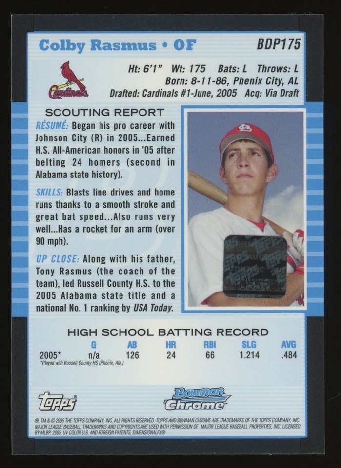2005 Bowman Chrome Colby Rasmus Rookie Card RC Certified Auto #BDP175 ...